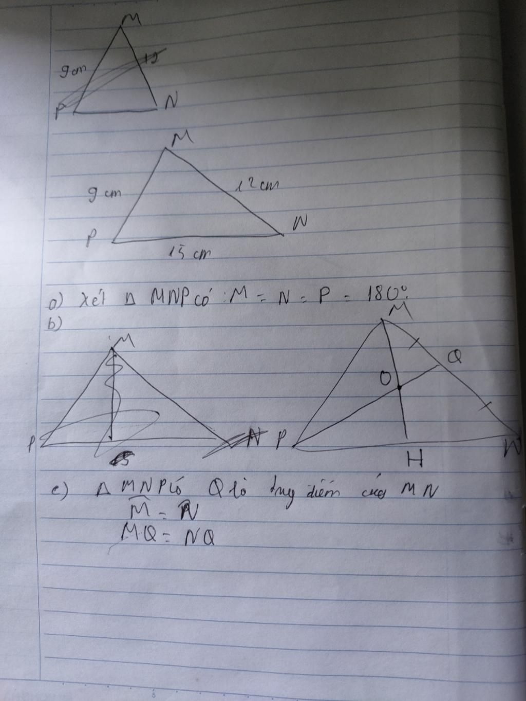 Cho tam giác MNP có Mp=9cm , MN=12cm , NP=15cm a) Cm tam giác MNP là tam giác vuông , tính góc N ...