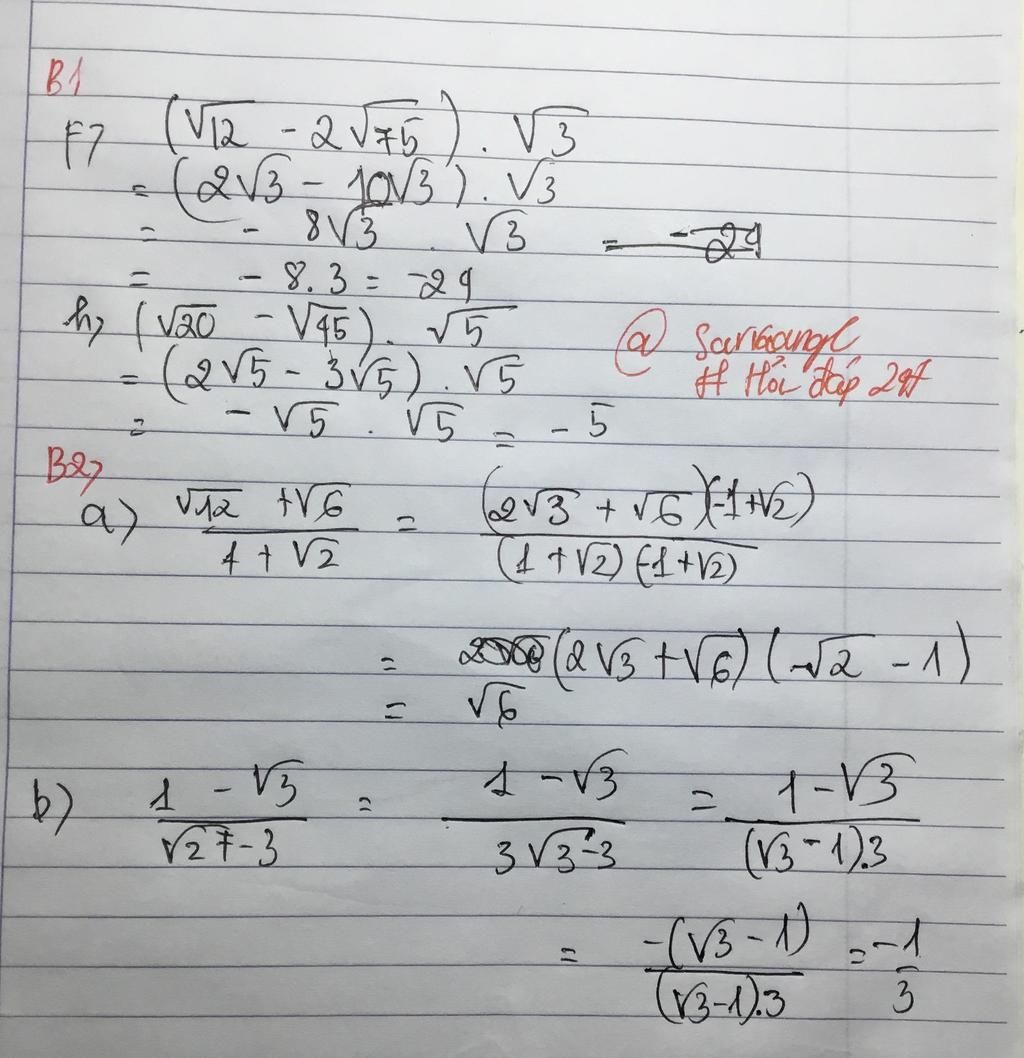 1. tính f, ($\sqrt[]{12}$ -2$\sqrt[]{75}$).$\sqrt[]{3}$ h, ($\sqrt[]{20 ...