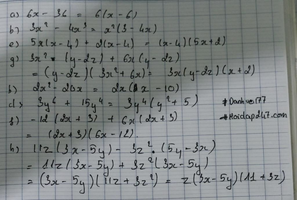 Bài 1 Phân tích các đa thức sau thành nhân tử: a) 6x - 36 c) 3x ^ 2 ...
