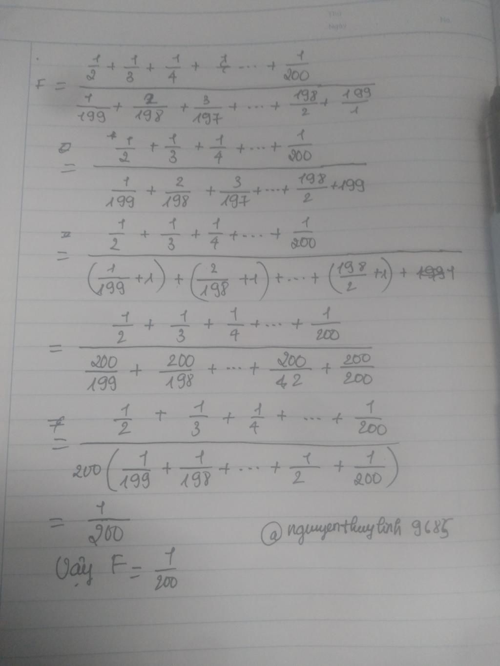 Tính: `F = \frac{\frac{1}{2} + \frac{1}{3} + \frac{1}{4 ...