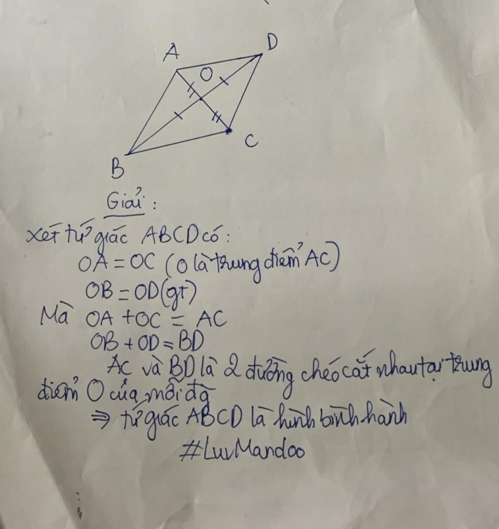 Cho tam giác ABC có O là trung điểm của AC. Trên tia BO lấy điểm D sao ...