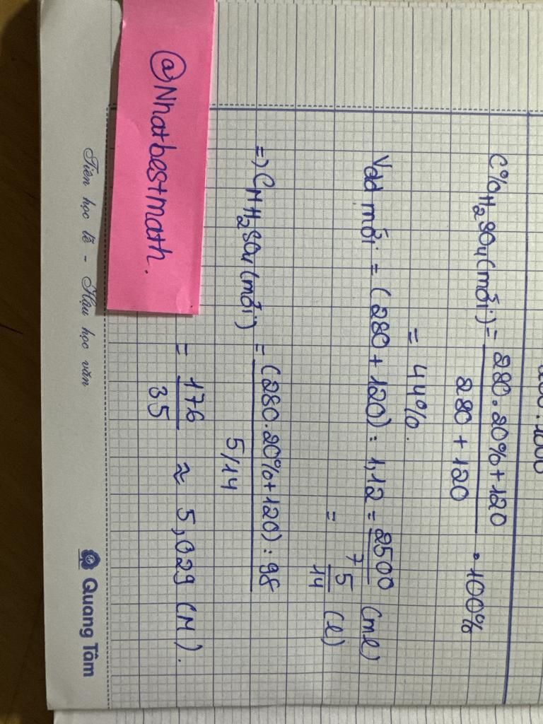 Bài 9. Có 280g dd H2SO4 20%, khối lượng riêng 1,12g/mL. Tính nồng độ ...