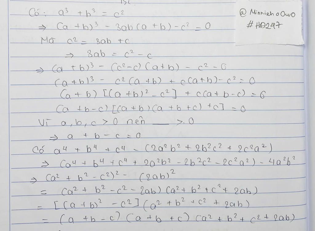 Cho `a,b,c>0` thỏa mãn `c^2=a^3b^3=3ab+c` . Chứng minh `:` `2a^2b^2+2b ...