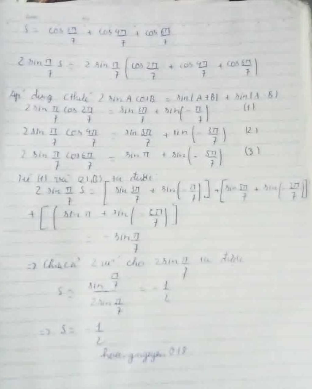 Tính giá trị của biểu thức sau mà không dùng máy tính `A=Cos(2pi/7)+Cos ...