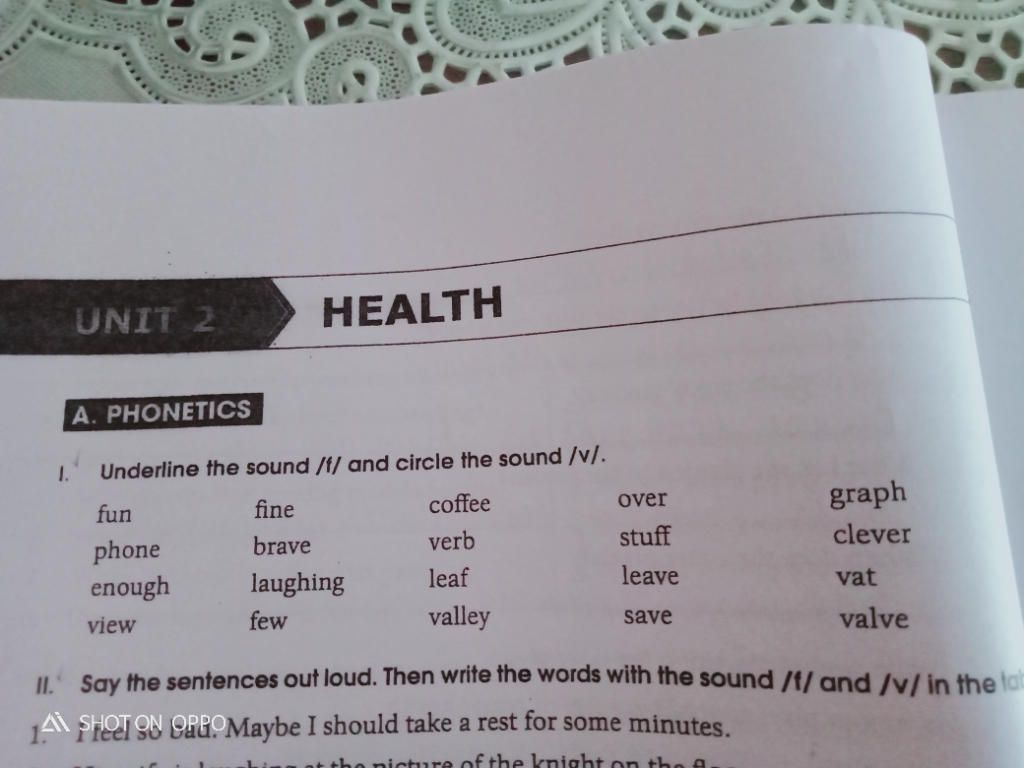 UNIT 2 HEALTH A. PHONETICS 1. Underline the sound /f/ and circle the ...