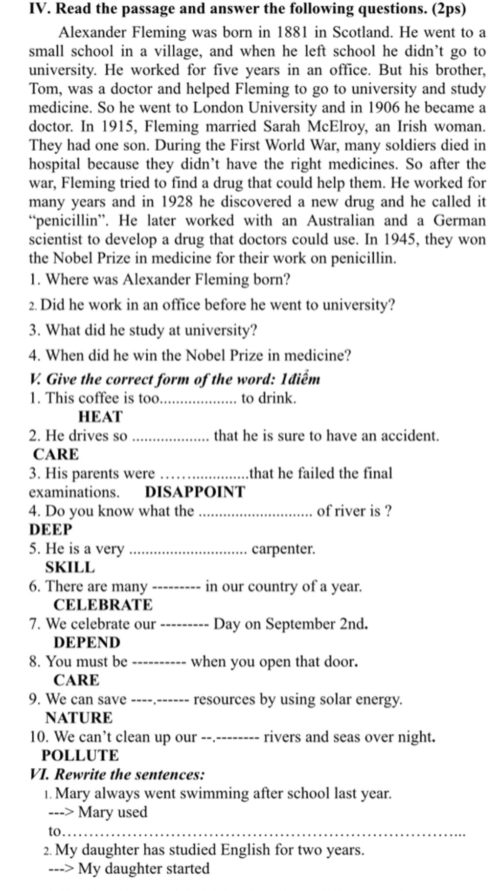 IV. Read the passage and answer the following questions. (2ps ...