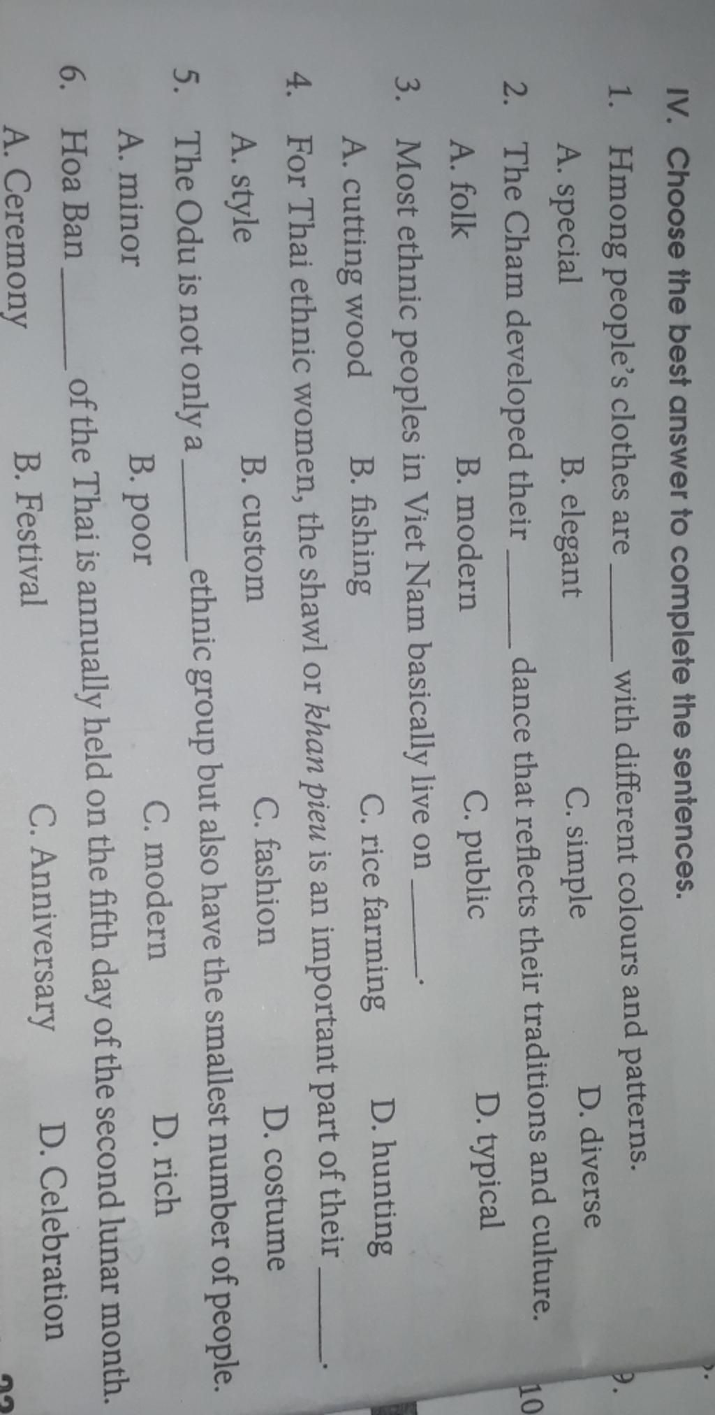 IV. Choose the best answer to complete the sentences. 1. Hmong people's ...