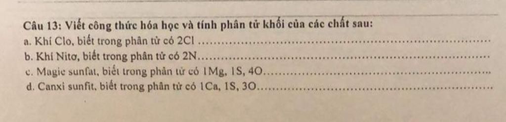Câu 13: Viết công thức hóa học và tính phân tử khối của các chất sau: a ...
