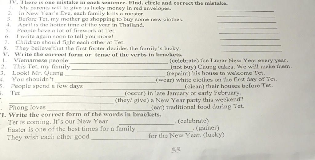IV. There is one mistake in each sentence. Find, circle and correct the ...