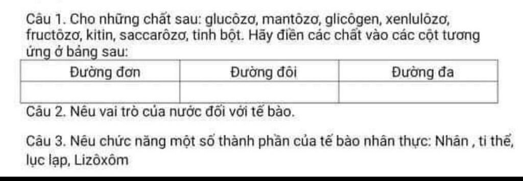 Câu 1. Cho những chất sau: glucôzo, mantôzo, glicôgen, xenlulözo ...