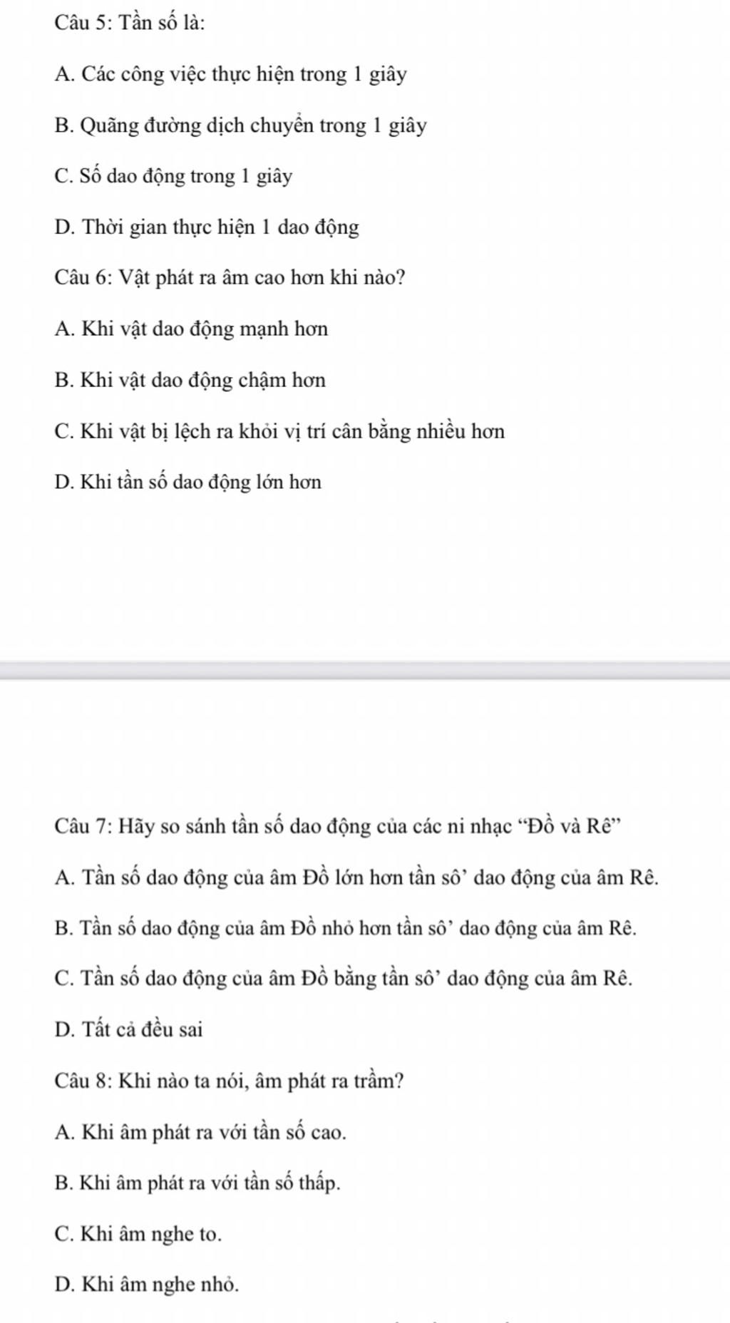 Câu 5: Tần số là: A. Các công việc thực hiện trong 1 giây B. Quãng ...