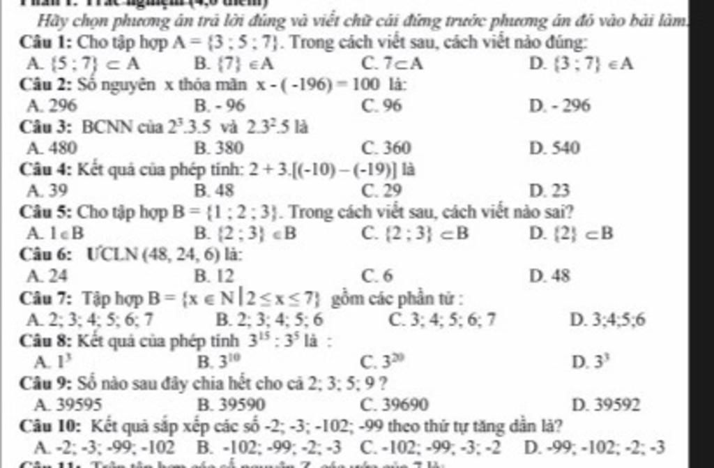 Hay chọn phương án trả lời đúng và viết chữ cải đừng trước phương án đó ...