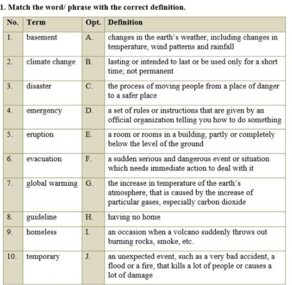 1. Match the word/ phrase with the correct definition. No. Term Opt ...