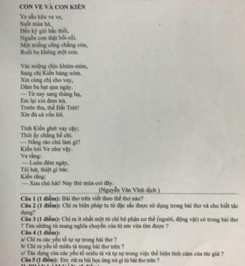 CON VE VÀ CON KIẾN Ve sầu kêu ve ve, Suốt mùa hè, Đến kỳ gió bắc thổi ...