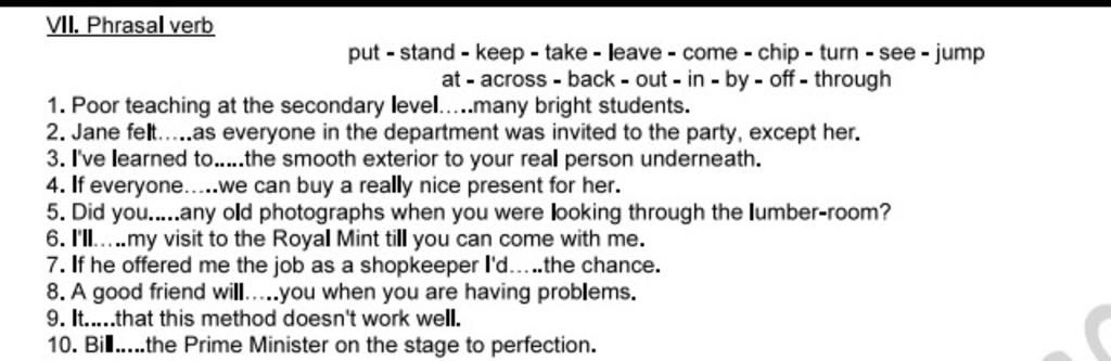 VII. Phrasal verb put stand keep - take leave - come-chip - turn - see ...