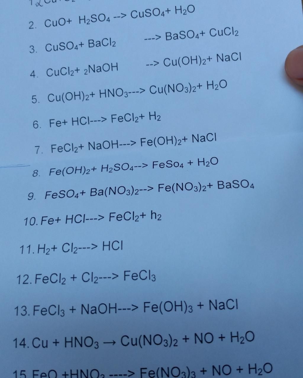 2. CuO+ H₂SO4 --> CuSO4+ H₂O 3. CuSO4+ BaCl2 4. CuCl+ 2NaOH 5. Cu(OH)2 ...