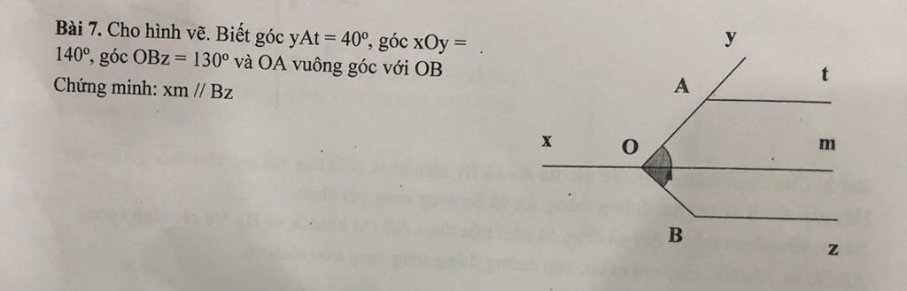 Bài 7. Cho hình vẽ. Biết góc yAt = 40°, góc xOy = 140°, góc OBz= 130 ...