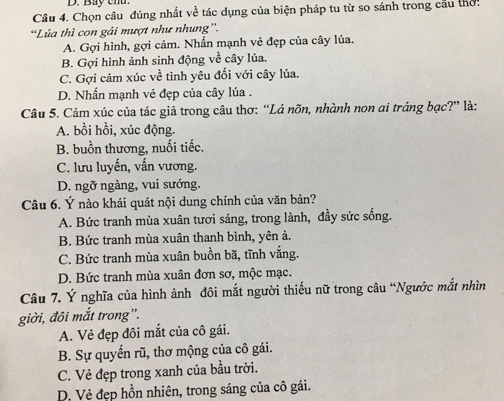 D. Câu 4. Chọn câu đúng nhất về tác dụng của biện pháp tu từ so sánh ...