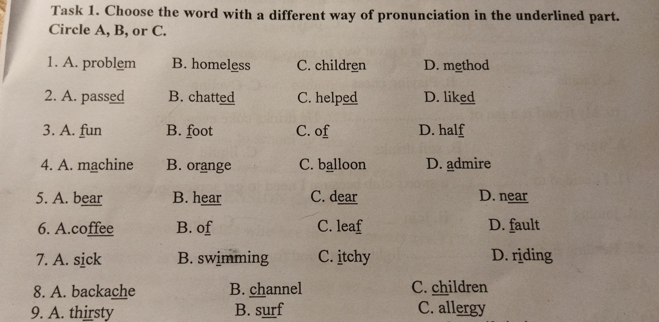 Task 1. Choose the word with a different way of pronunciation in the underlined part. Circle A ...