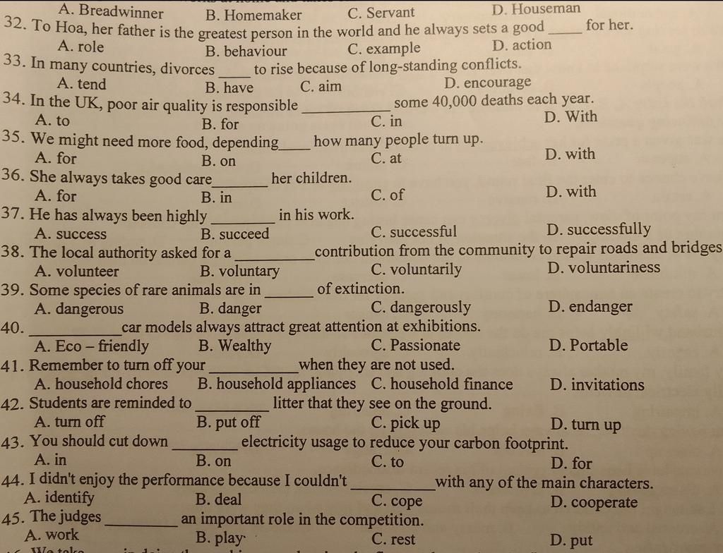 A. Breadwinner D. Houseman B. Homemaker C. Servant 32. To Hoa, her ...