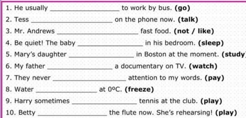 1. He usually 2. Tess 3. Mr. Andrews 4. Be quiet! The baby 5. Mary's ...