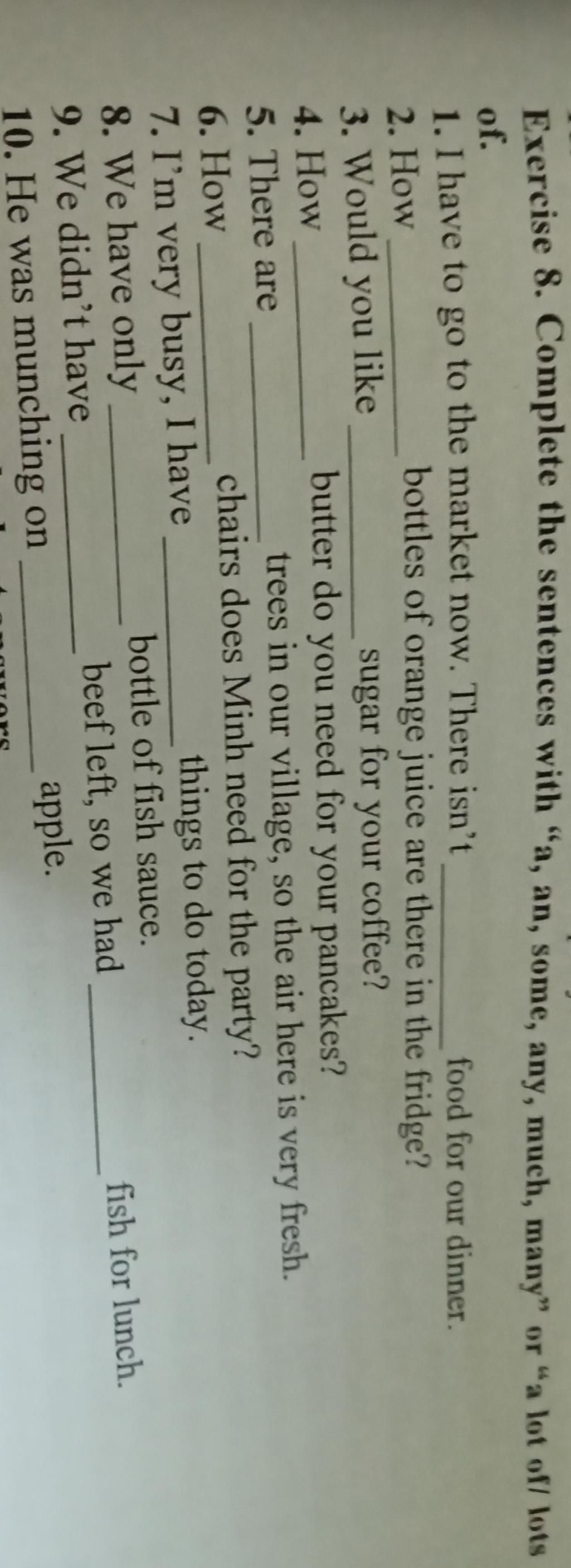 Exercise 8. Complete the sentences with "a, an, some, any, much, many ...