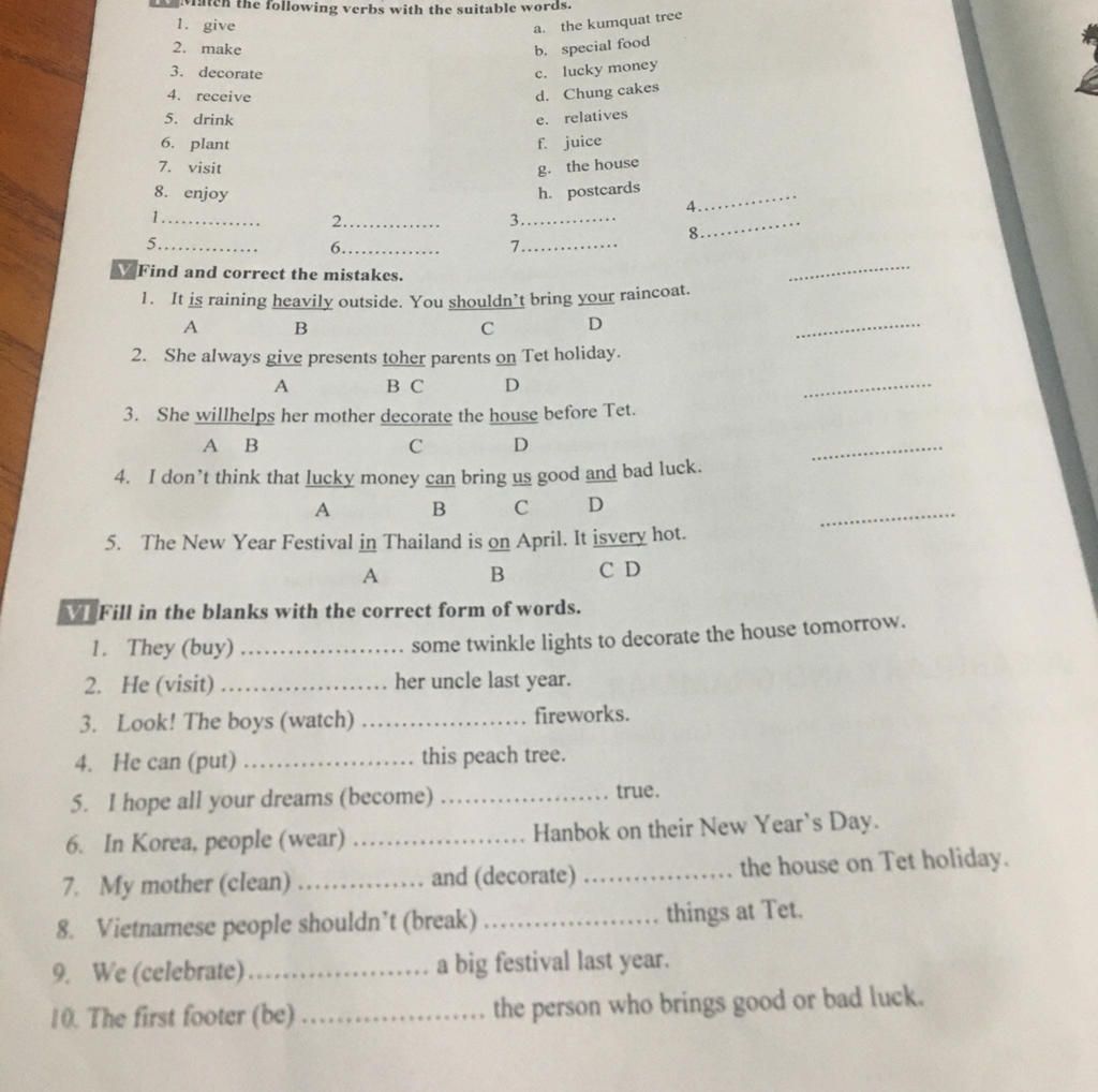 the following verbs with the suitable words. a b. special food c. lucky ...