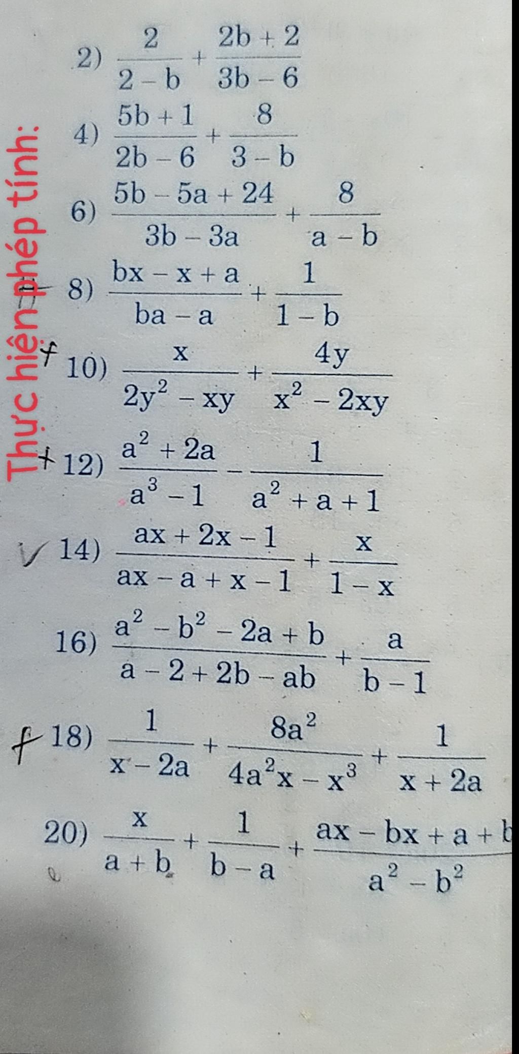 Thực hiện phép tính: (2) 4) 6) 8) 10) 12) V14) 16) f 18) 20) 2 2-b 5b+1 ...