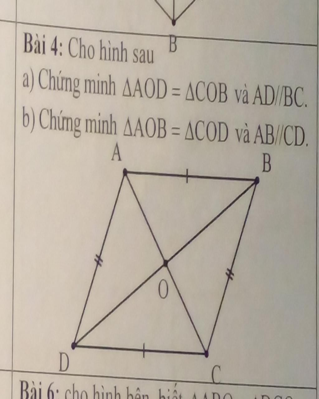Bài 4: Cho hình sau a) Chứng minh LAOD = ACOB và AD/BC. b) Chứng minh JAOB = ACOD và AB/CD. A B ...