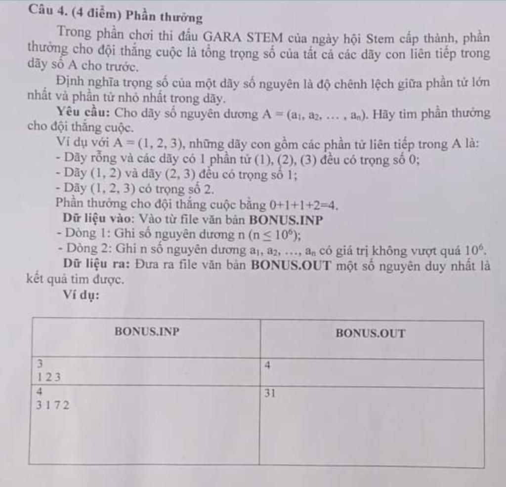 Câu 4. (4 điểm) Phần thưởng Trong phần chơi thi đấu GARA STEM của ngày ...