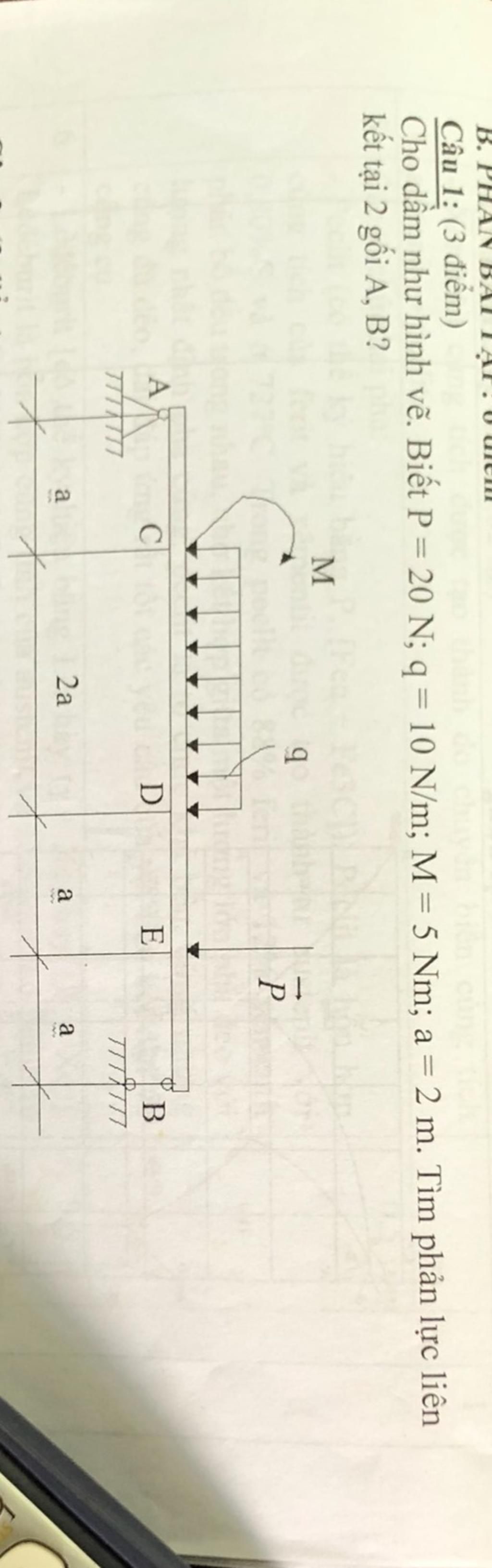 B. PHAN BAI Câu 1: (3 điểm) Cho dầm như hình vẽ. Biết P = 20 N; q = 10 ...