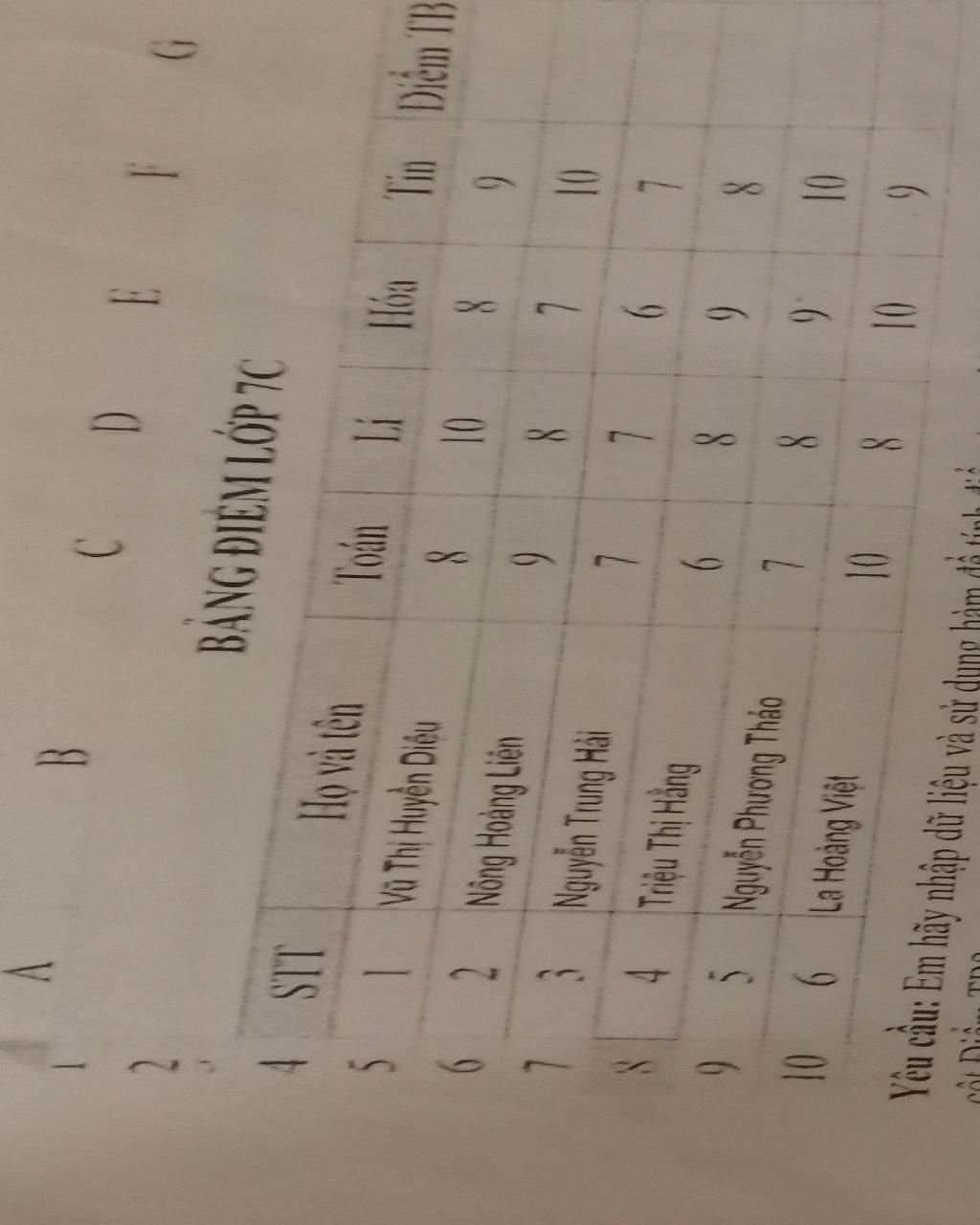 Yêu cầu em hãy nhập dữ liệu và sử dụng hàm để tính điểm trung bình tại ...