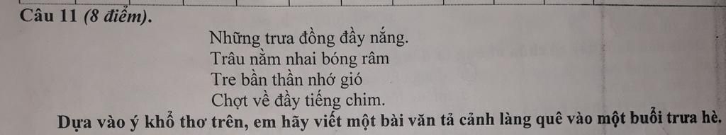 Câu 11 (8 điểm). Những trưa đồng đầy nắng. Trâu nằm nhai bóng râm Tre ...