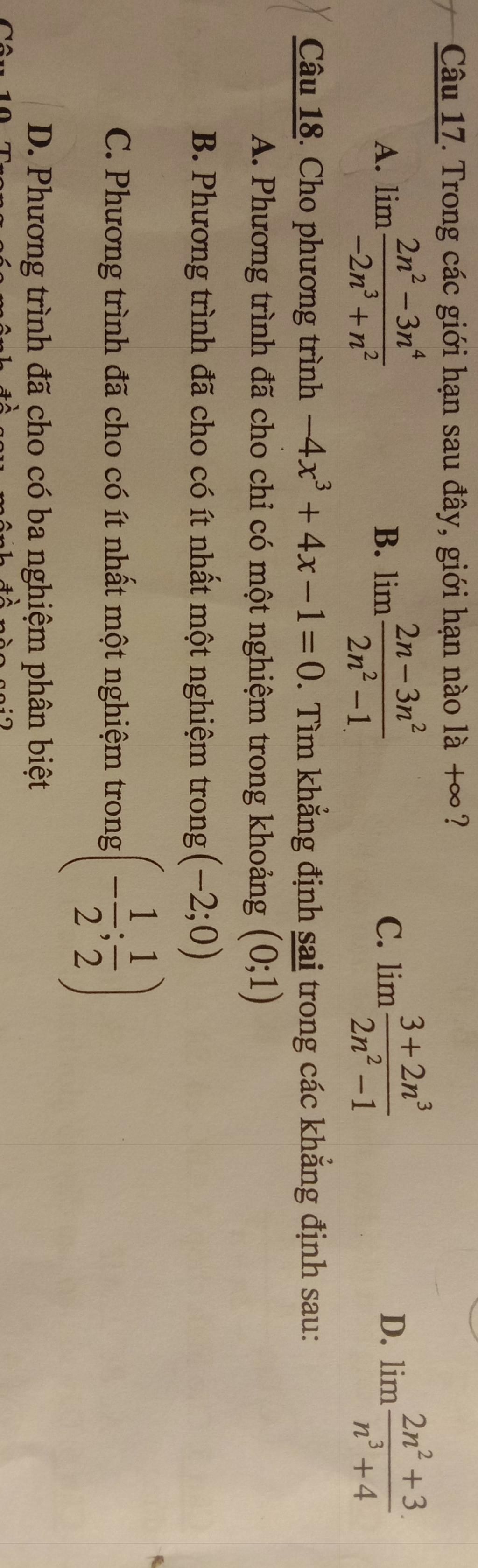 Câu 17. Trong các giới hạn sau đây, giới hạn nào là +oo? 2n²-3nª 2n-3n² ...