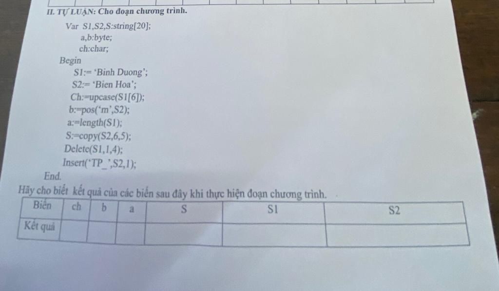 II. TỰ LUẬN: Cho đoạn chương trình. Var S1,S2,S:string[20]; a,b:byte; ch:char; Begin SI:= *Binh ...