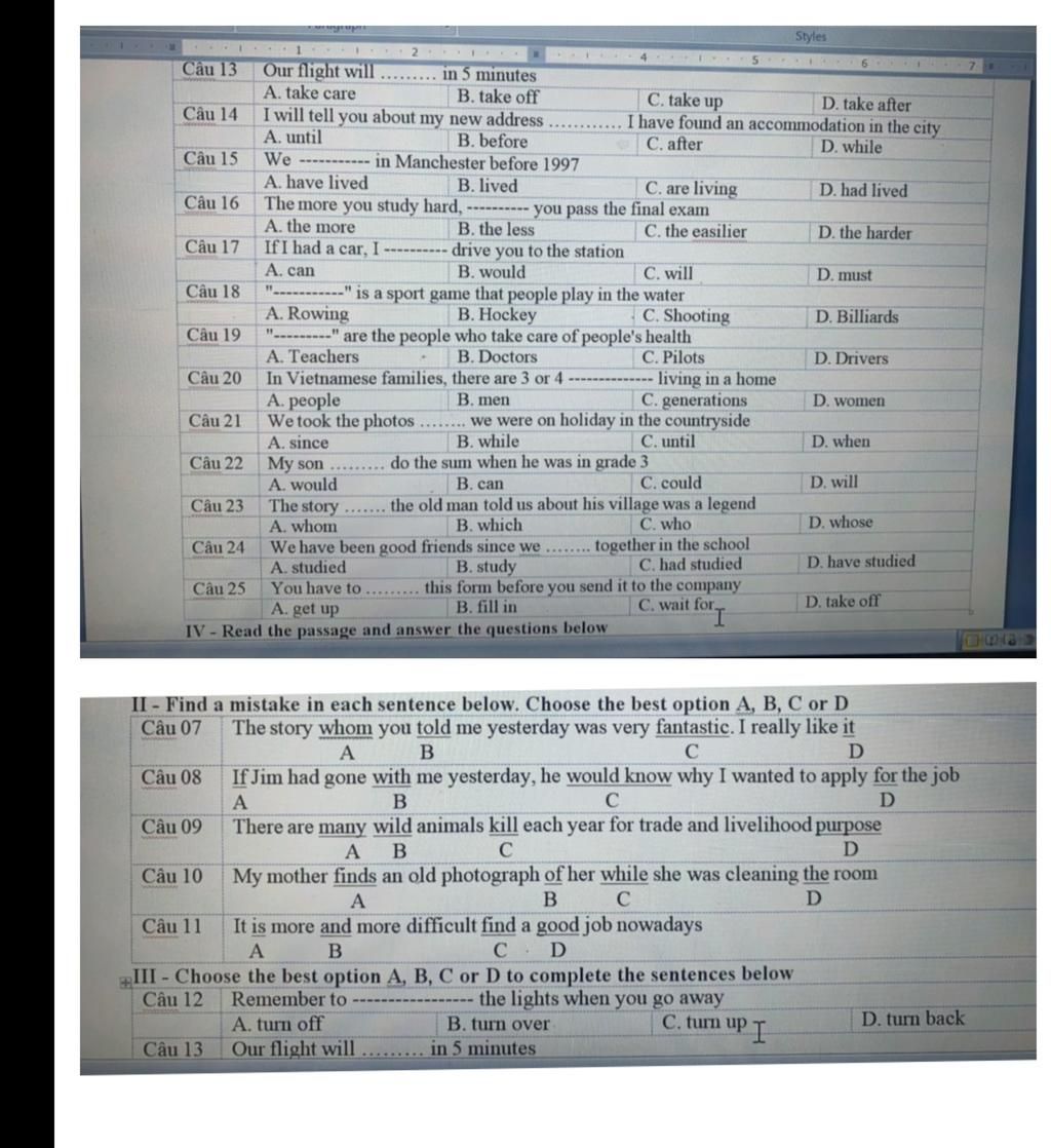 Câu 13 Câu 14 Câu 15 Câu 16 Câu 17 Câu 18 Câu 19 1.1.2 Our flight will ...