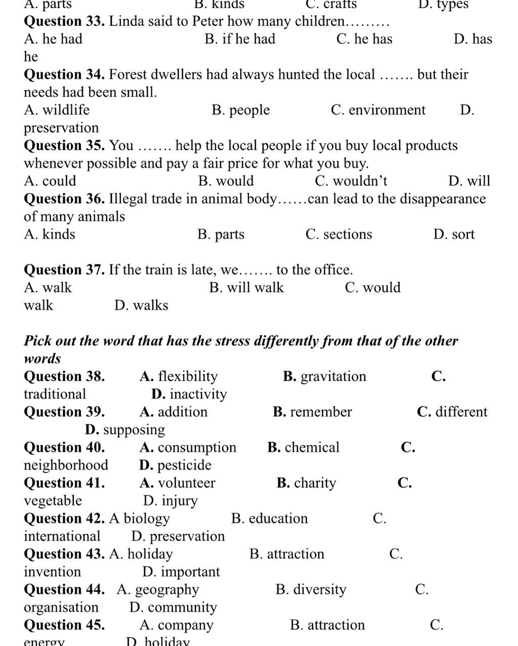 A. parts B. kinds C. crafts Question 33. Linda said to Peter how many ...