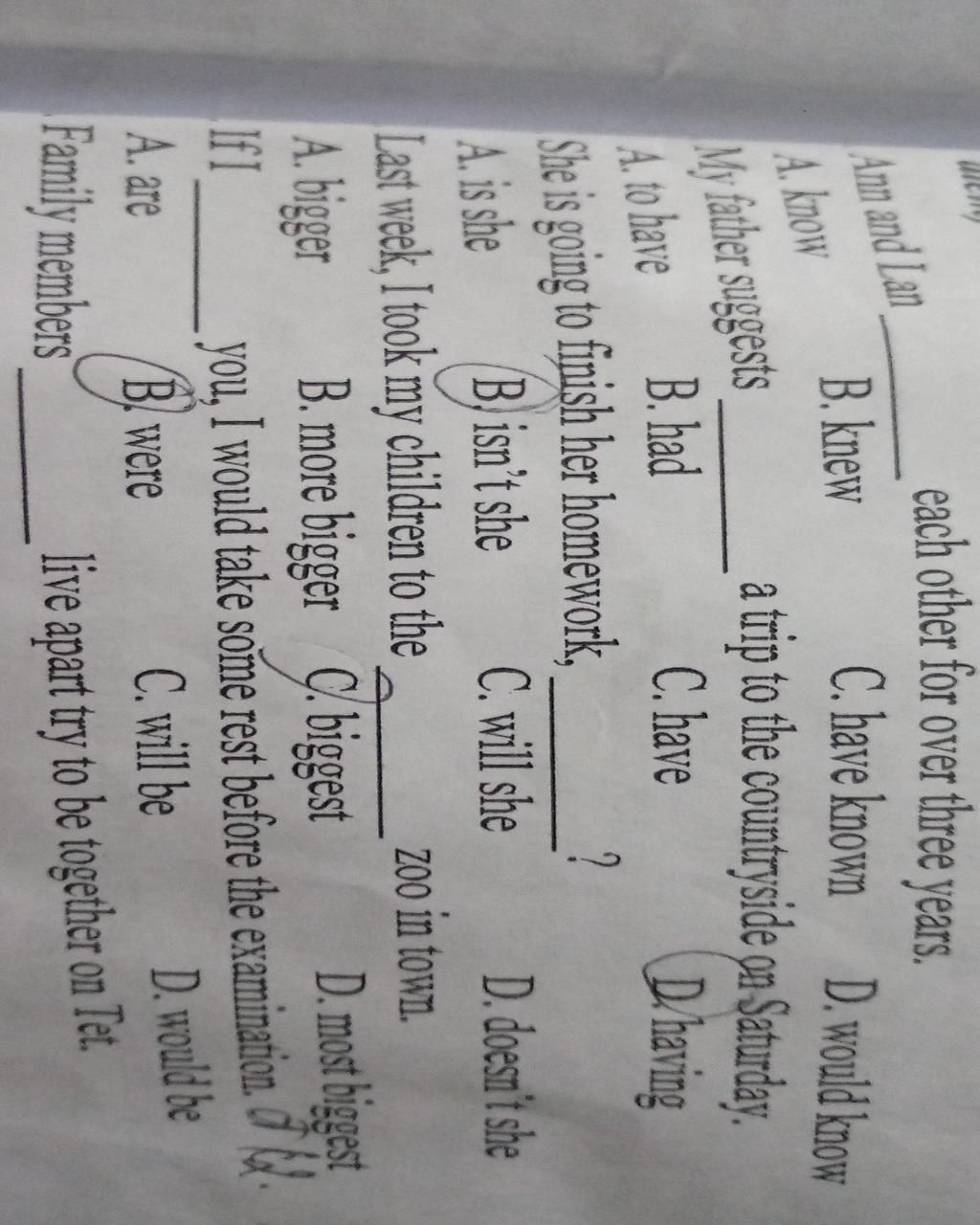 eng Ann and Lan each other for over three years. C. have known D. would ...