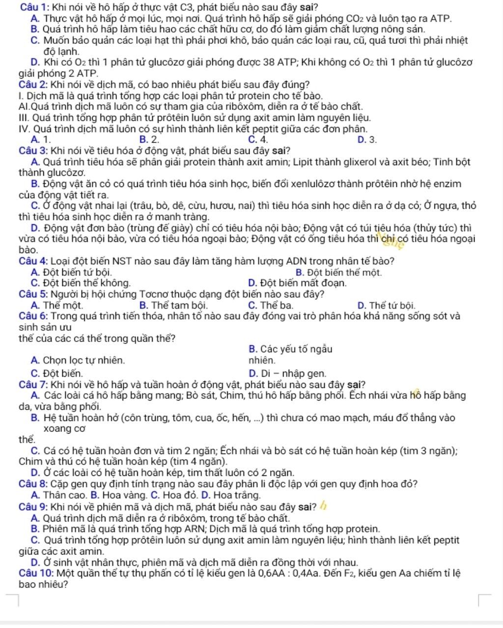 Câu 1: Khi nói về hô hấp ở thực vật C3, phát biểu nào sau đây sai? A ...