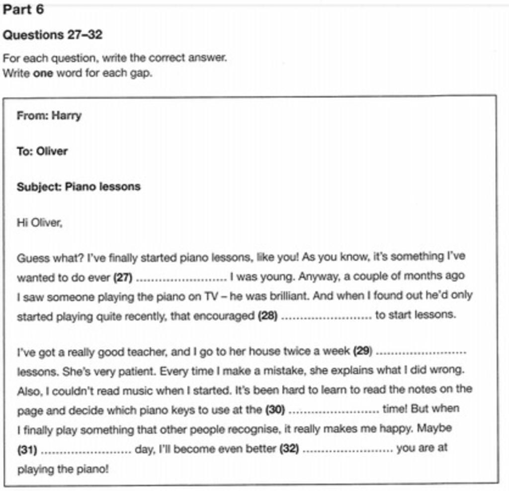 Part 6 Questions 27-32 For each question, write the correct answer ...