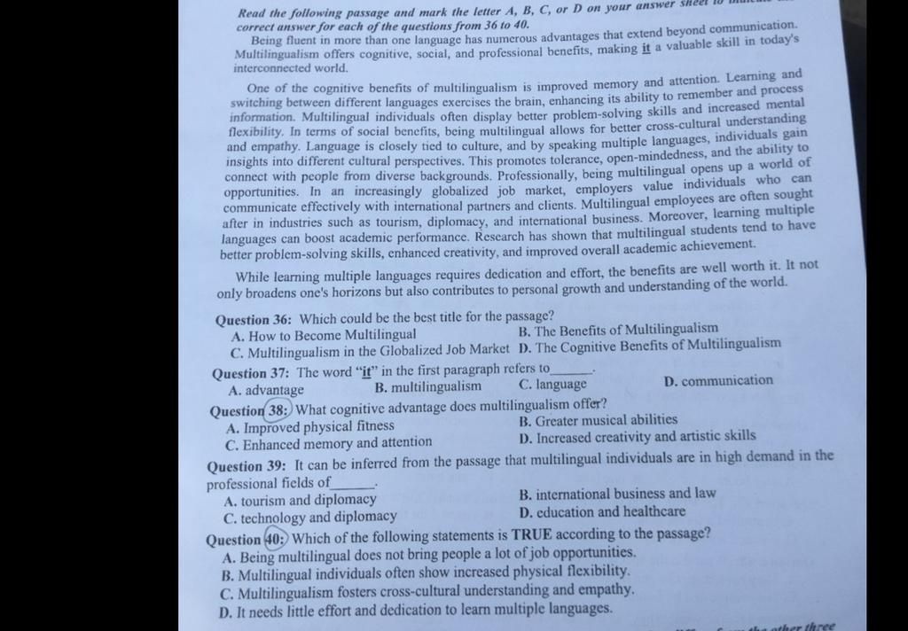 Read the following passage and mark the letter A, B, C, or D on your ...
