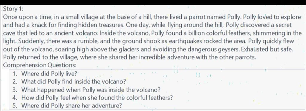 Story 1: Once upon a time, in a small village at the base of a hill ...