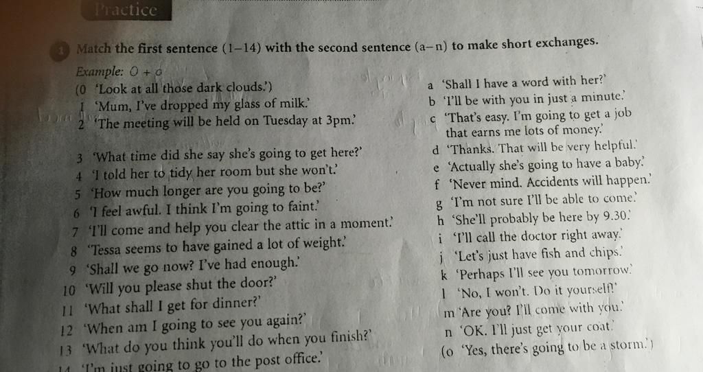 Practice Match the first sentence (1-14) with the second sentence (a-n ...