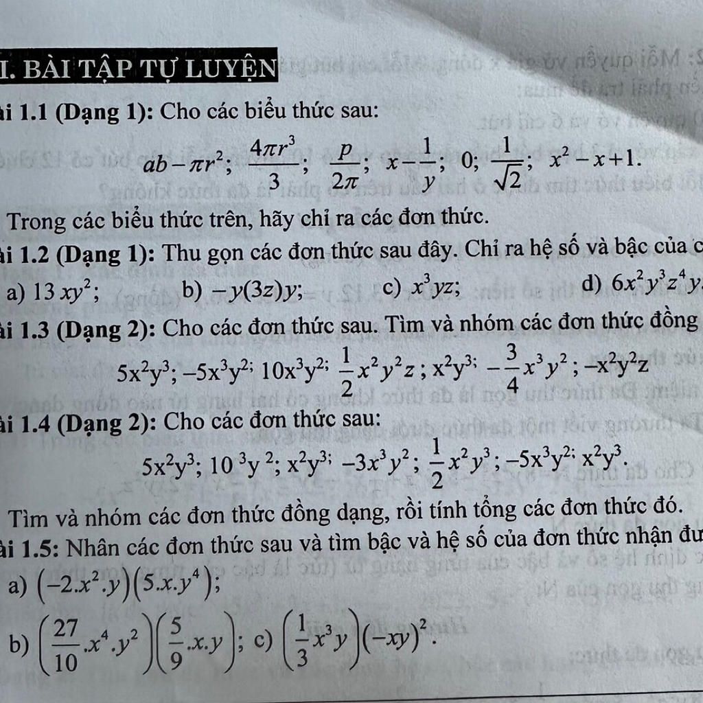 I. BÀI TẬP TỰ LUYỆN ai 1.1 (Dạng 1): Cho các biểu thức sau: 4πr³ 1 ...