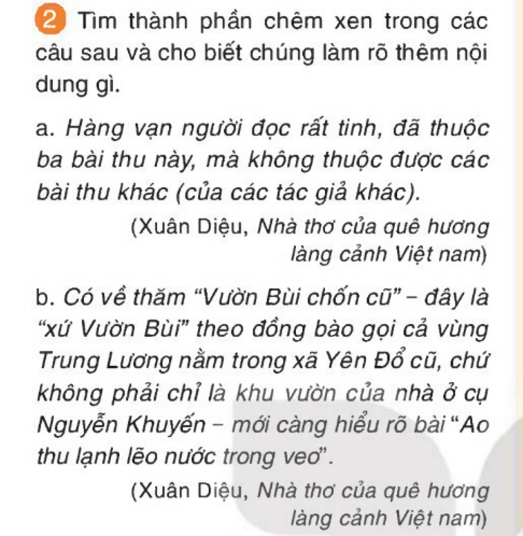 2) Tim thành phần chêm xen trong các câu sau và cho biết chúng làm rõ ...
