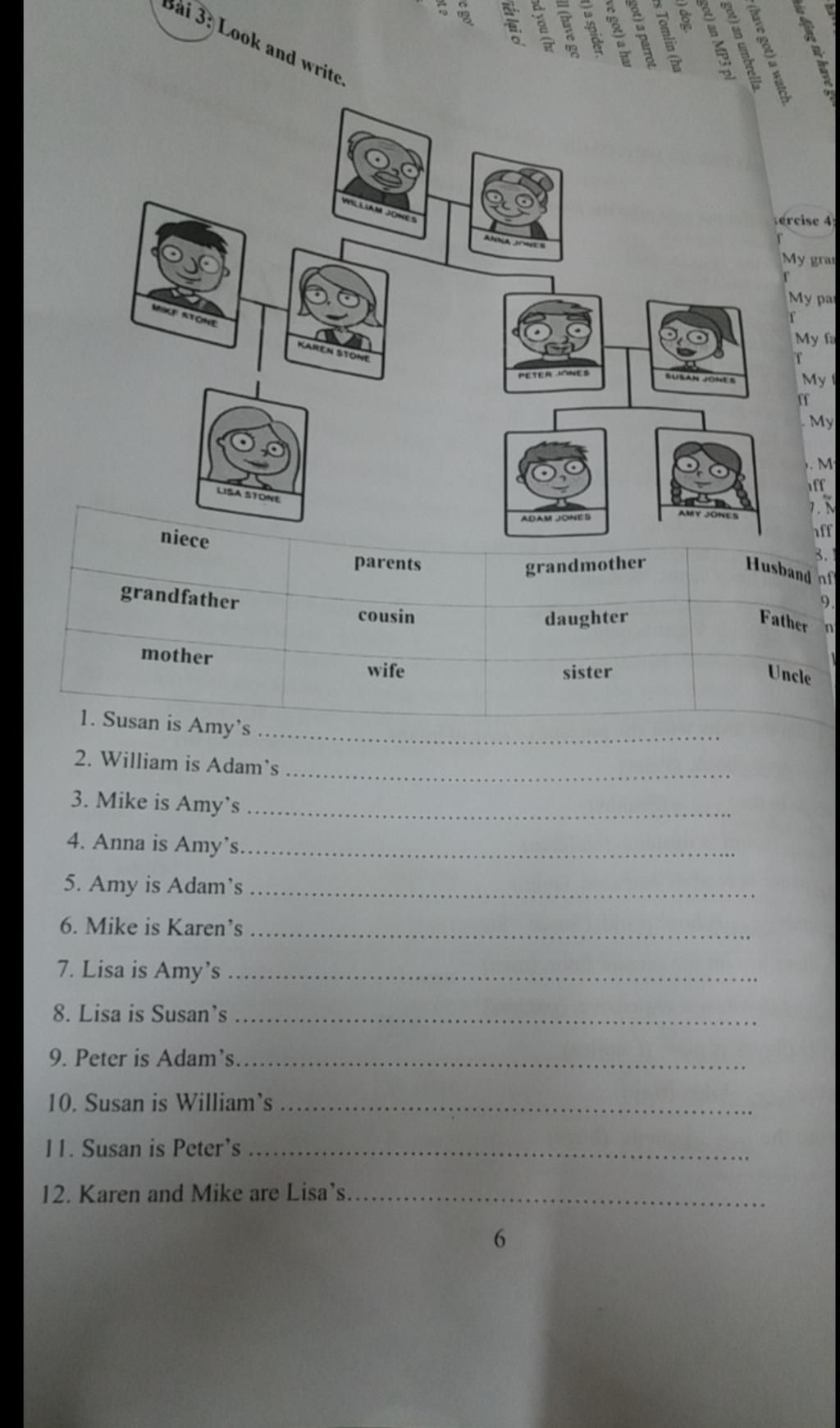 ai 3: Look and write. MIKE STONE niece LISA STONE grandfather mother ...