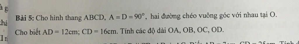 chá [In Bài 5: Cho hình thang ABCD, A=D=90°, hai đường chéo vuông góc ...