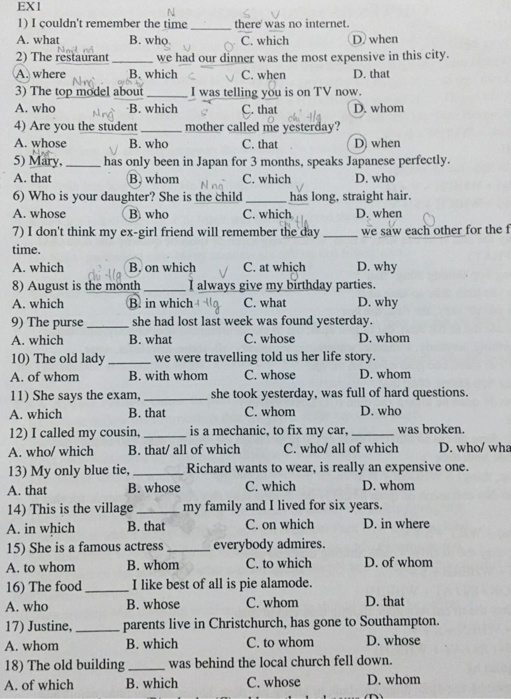 giải giúp mình với ạ với giải thích giúp mình với nhé EX1 N 1) I couldn ...