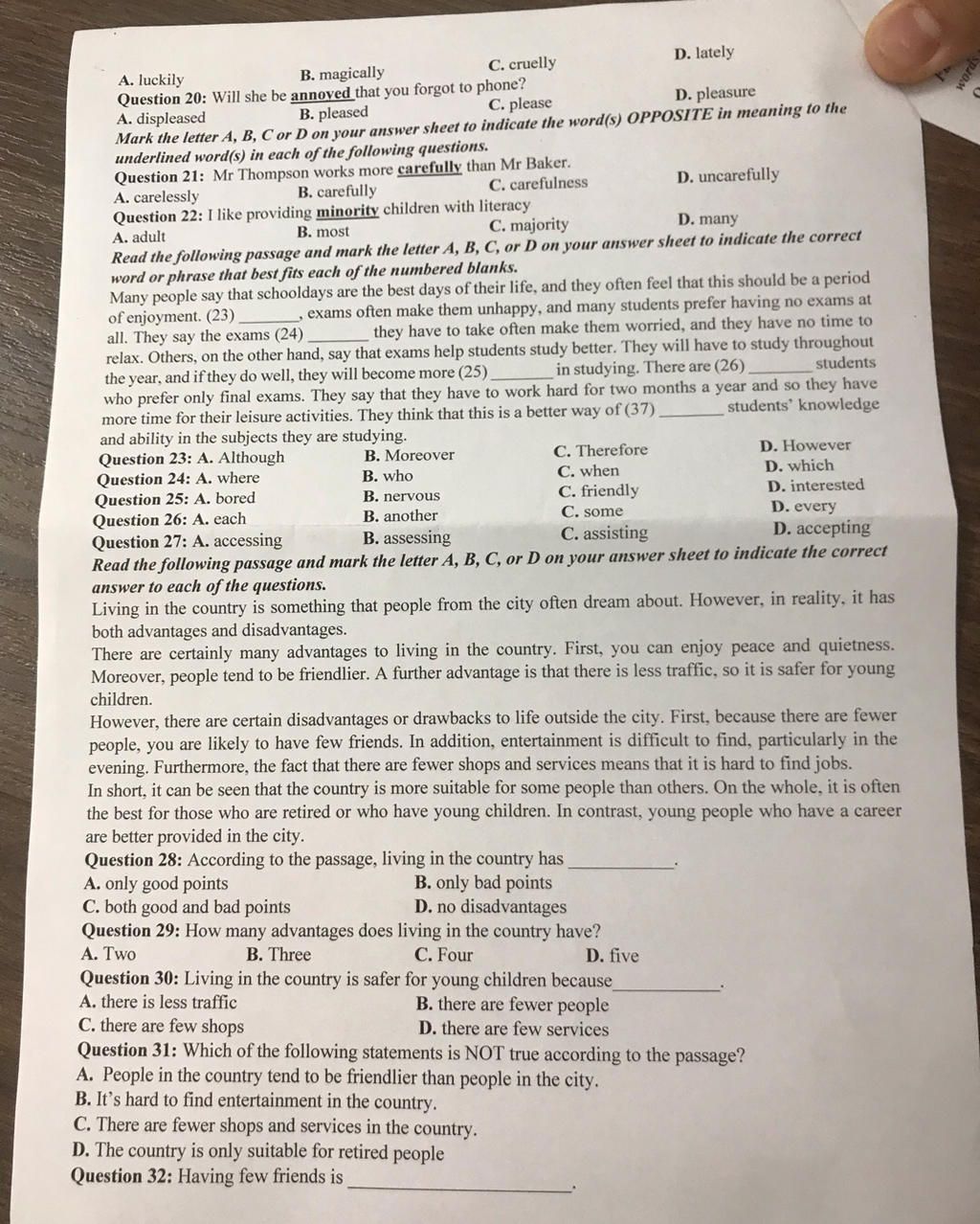 D. lately A. displeased B. pleased D. pleasure Mark the letter A, B, C ...