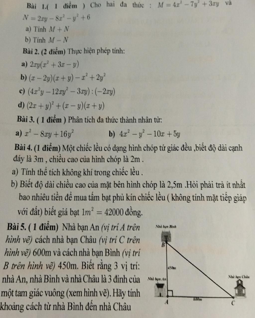 Bài 1.( 1 điểm ) Cho hai đa thức : M = 42 −7ỷ +3ry và N=2ry-82² - y² +6 ...